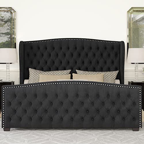 AMERLIFE Queen Size Platform Bed Frame, Velvet Upholstered Bed with Deep Button Tufted & Nailhead Trim Wingback Headboard/No Box Spring Needed/Black