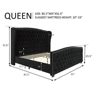 AMERLIFE Queen Size Platform Bed Frame, Velvet Upholstered Bed with Deep Button Tufted & Nailhead Trim Wingback Headboard/No Box Spring Needed/Black