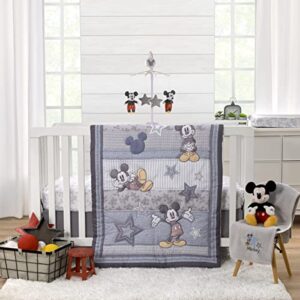 disney mighty mickey mouse grey, white and blue stars, stripes and icons 3 piece nursery crib bedding set - comforter, fitted crib sheet and crib skirt