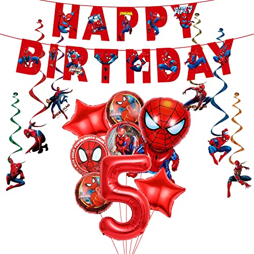 Superhero Spider Foil Balloons Birthday Decorations Red Balloons 32 Inch and Red Spider Banner for Boy Kids Spider Themed Birthday Party Decoration (5)