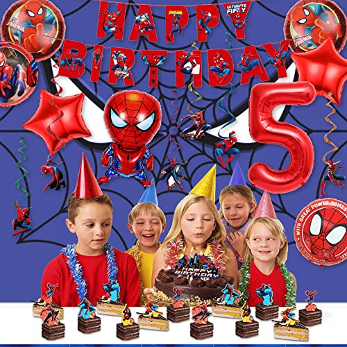 Superhero Spider Foil Balloons Birthday Decorations Red Balloons 32 Inch and Red Spider Banner for Boy Kids Spider Themed Birthday Party Decoration (5)