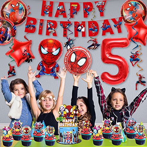 Superhero Spider Foil Balloons Birthday Decorations Red Balloons 32 Inch and Red Spider Banner for Boy Kids Spider Themed Birthday Party Decoration (5)