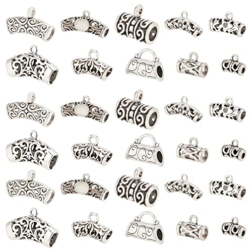 PH PandaHall 50 pcs 10 Styles Tibetan Style Alloy Hanger Links Curved Noodle Tube Beads Long Hollow Spacers Beads with Loop for Bracelet Necklace DIY Jewelry Making Antique Silver