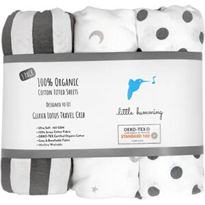 guava lotus travel crib sheets (3 pack) - 100% organic cotton crib sheets, oeko-tex fitted crib sheets (for the new 4 tab mattress version only)