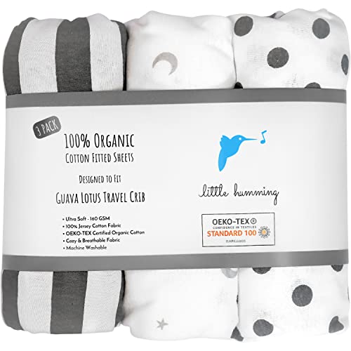 Guava Lotus Travel Crib Sheets (3 Pack) - 100% Organic Cotton Crib Sheets, Oeko-TEX Fitted Crib Sheets (for The New 4 Tab Mattress Version ONLY)