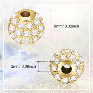 20 Pieces 8 mm Zirconia Cubic Beads, Round Rhinestone Bracelet Spacer Charms,Crystal Zirconia Stones, Ball Beads for Jewelry Making DIY (Gold)