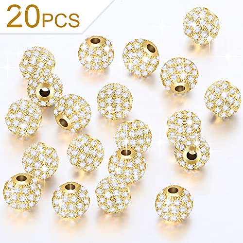 20 Pieces 8 mm Zirconia Cubic Beads, Round Rhinestone Bracelet Spacer Charms,Crystal Zirconia Stones, Ball Beads for Jewelry Making DIY (Gold)