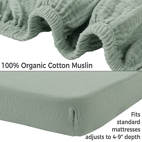 100% Organic Cotton Muslin Fitted Crib Sheet - Fits Standard Crib and Toddler Bed Mattress Size - Sage Green - Nora's Nursery