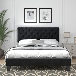 catrimown full size bed frame with adjustable headboard, velvet upholstered platform bed frame, wooden slat support, mattress foundation, no box spring needed, easy assembly, black