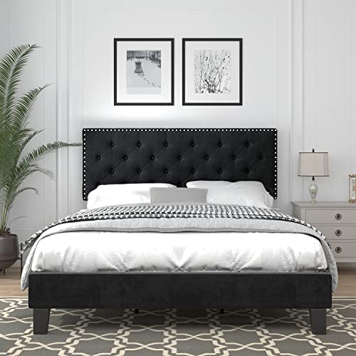 Catrimown Full Size Bed Frame with Adjustable Headboard, Velvet Upholstered Platform Bed Frame, Wooden Slat Support, Mattress Foundation, No Box Spring Needed, Easy Assembly, Black