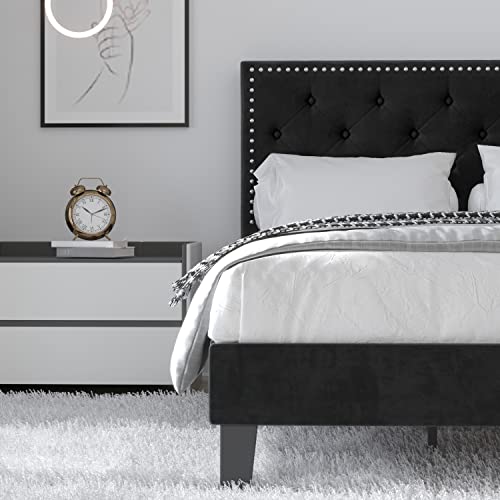 Catrimown Full Size Bed Frame with Adjustable Headboard, Velvet Upholstered Platform Bed Frame, Wooden Slat Support, Mattress Foundation, No Box Spring Needed, Easy Assembly, Black