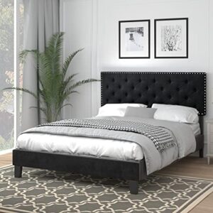 Catrimown Full Size Bed Frame with Adjustable Headboard, Velvet Upholstered Platform Bed Frame, Wooden Slat Support, Mattress Foundation, No Box Spring Needed, Easy Assembly, Black