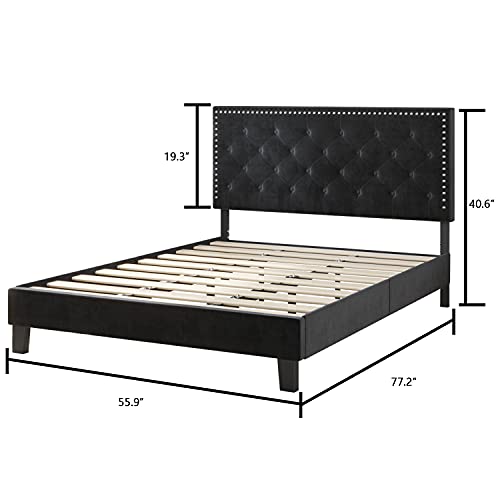 Catrimown Full Size Bed Frame with Adjustable Headboard, Velvet Upholstered Platform Bed Frame, Wooden Slat Support, Mattress Foundation, No Box Spring Needed, Easy Assembly, Black