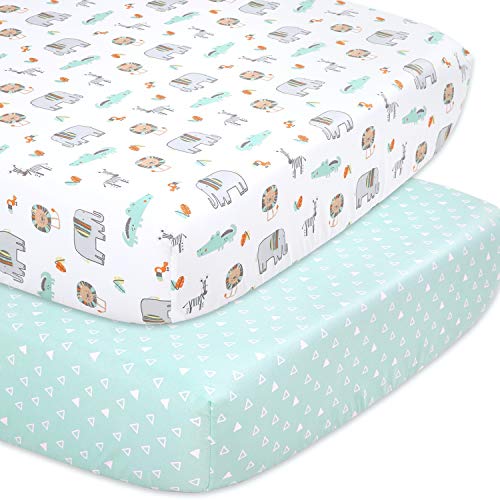 The Peanutshell Safari Fitted Crib Sheet Set for Baby Boys or Girl, 2 Pack Unisex Set