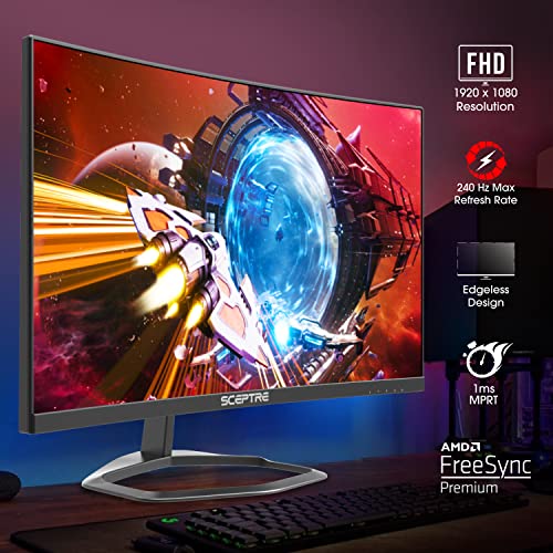 Sceptre Curved 24.5-inch Gaming Monitor up to 240Hz 1080p R1500 1ms DisplayPort x2 HDMI x2 Blue Light Shift Build-in Speakers, Machine Black 2023 (C255B-FWT240)