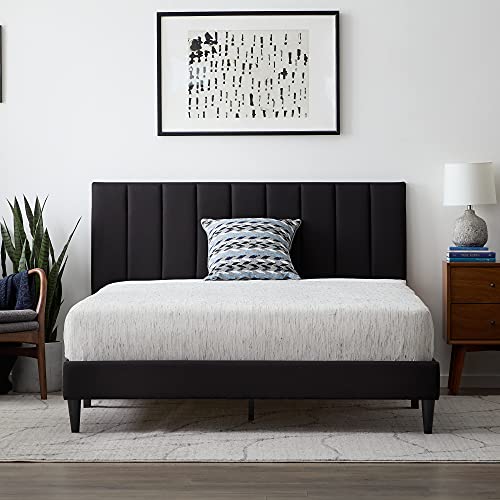 Lucid Queen Bed Frame with Headboard – Vertical Channeled Upholstered Platform Frame – Queen Size Bed Frame with Headboard – No Box Spring Needed - Black