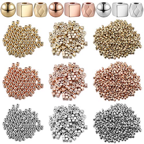 3000 Pieces Assorted Spacer Beads Include 1500 Faceted Rondelle Cube Spacer Column Bead, 900 Round Ball Spacer Bead, 600 Square Spacer Bead Charm Loose Bead for DIY Jewelry (Gold, Sliver, Rose Gold)