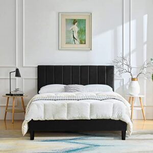 queen platform bed frame black velvet upholstered bed frame with vertical geometric adjustable headboard,wooden slats support,no box spring needed,mattress foundation,easy assembly,noise free design