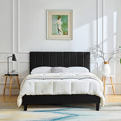 Queen Platform Bed Frame Black Velvet Upholstered Bed Frame with Vertical Geometric Adjustable Headboard,Wooden Slats Support,No Box Spring Needed,Mattress Foundation,Easy Assembly,Noise Free Design