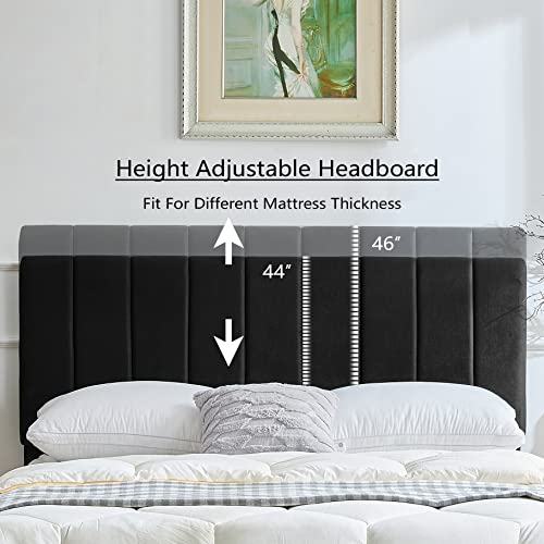 Queen Platform Bed Frame Black Velvet Upholstered Bed Frame with Vertical Geometric Adjustable Headboard,Wooden Slats Support,No Box Spring Needed,Mattress Foundation,Easy Assembly,Noise Free Design