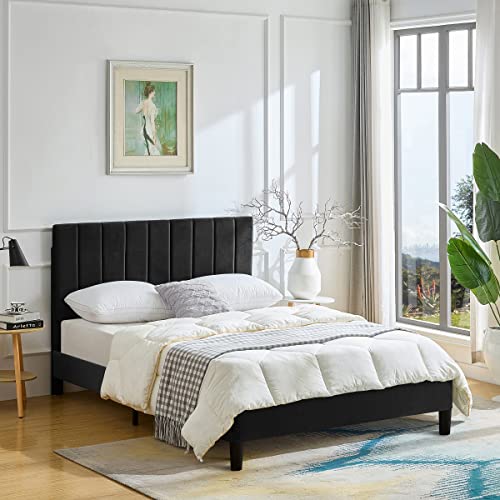 Queen Platform Bed Frame Black Velvet Upholstered Bed Frame with Vertical Geometric Adjustable Headboard,Wooden Slats Support,No Box Spring Needed,Mattress Foundation,Easy Assembly,Noise Free Design