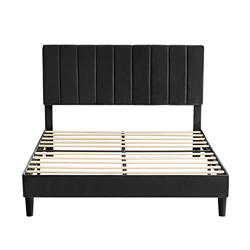 Queen Platform Bed Frame Black Velvet Upholstered Bed Frame with Vertical Geometric Adjustable Headboard,Wooden Slats Support,No Box Spring Needed,Mattress Foundation,Easy Assembly,Noise Free Design