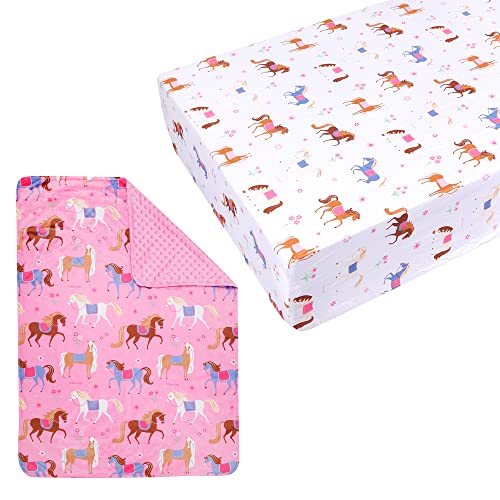 Wildkin Cotton Fitted Crib Sheet Bundle with Plush Throw Blanket (Horses)