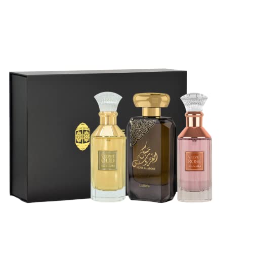 Lattafa Perfumes Velvet Rose, Musk Al Aroos & Velvet Oud EDP-100ml(3.4 oz) with Magnetic Gift Box Perfect for Gifting