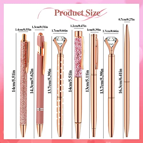 Vin Beauty 7 Pcs Rose Gold Ballpoint Pen Set Metal Crystal Diamond Pen Liquid Sand Glitter Ballpoint Pens Black Ink Retractable Pen Gifts for Wedding Office School Desk Supplies