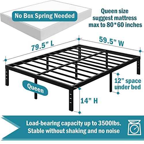 OmiNight 14 inches High Queen Bed Frame 3500lbs Heavy Duty Steel Slat Support Metal Platform No Box Spring Needed Noise Free-Black