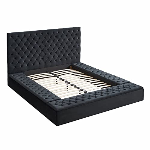 Woodpeckers Furniture And Mattress Cosmopolitan Velvet Tufted Upholstered Storage Platform with Headboard/Bed Frame Wood Slat Support No Box Spring Needed (Black, King (U.S. Standard))