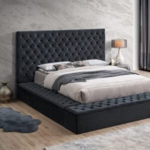 Woodpeckers Furniture And Mattress Cosmopolitan Velvet Tufted Upholstered Storage Platform with Headboard/Bed Frame Wood Slat Support No Box Spring Needed (Black, King (U.S. Standard))