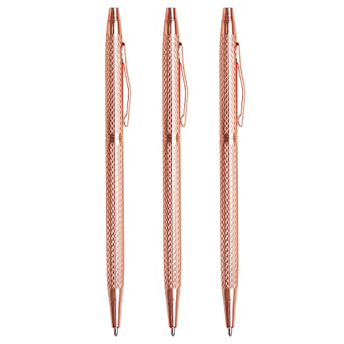 LONGKEY 3 Pack Slim Metallic Retractable Ballpoint Pens Black Ink, Nice Gift for Business Office Students Teachers Wedding Christmas (Rose Gold)