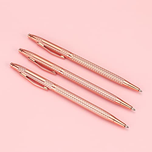 LONGKEY 3 Pack Slim Metallic Retractable Ballpoint Pens Black Ink, Nice Gift for Business Office Students Teachers Wedding Christmas (Rose Gold)