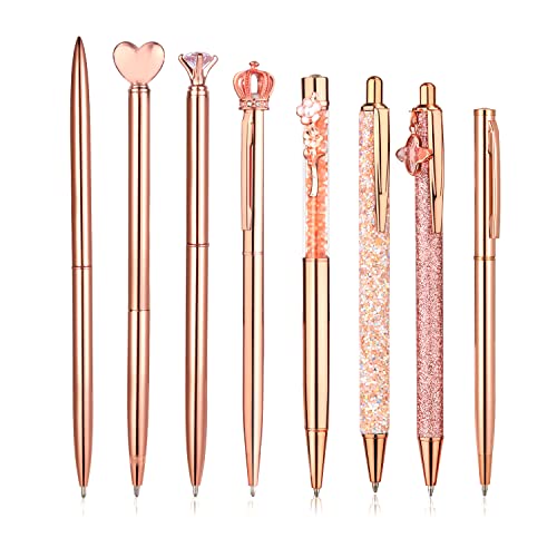 KINBOM Ballpoint Pen Set, 8pcs Metal Cute Pens for Women, Crystal Diamond Pen for Office Desk Writing Supplies (Rose Gold)