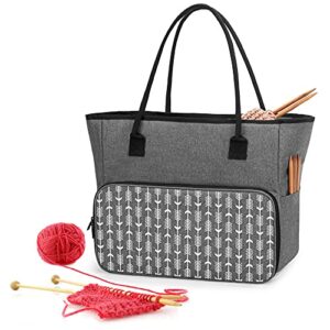 yarwo knitting crochet bag, yarn storage tote bag for wip projects, yarn skeins, crochet hooks and knitting needles, gray with arrow (bag only, patent pending)