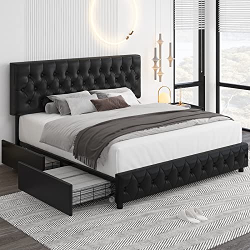 Keyluv Modern Upholstered Bed Frame with 4 Drawers, Faux Leather Platform Bed with Button Tufted Headboard, Solid Wooden Slat Support, Easy Assembly, Queen Size, Black