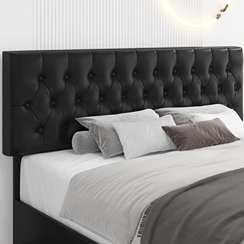 Keyluv Modern Upholstered Bed Frame with 4 Drawers, Faux Leather Platform Bed with Button Tufted Headboard, Solid Wooden Slat Support, Easy Assembly, Queen Size, Black