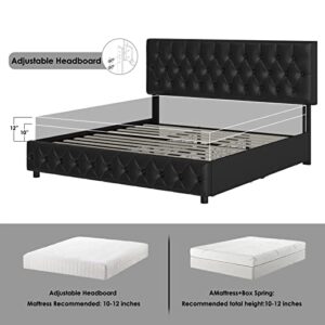 Keyluv Modern Upholstered Bed Frame with 4 Drawers, Faux Leather Platform Bed with Button Tufted Headboard, Solid Wooden Slat Support, Easy Assembly, Queen Size, Black