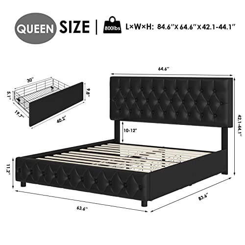 Keyluv Modern Upholstered Bed Frame with 4 Drawers, Faux Leather Platform Bed with Button Tufted Headboard, Solid Wooden Slat Support, Easy Assembly, Queen Size, Black