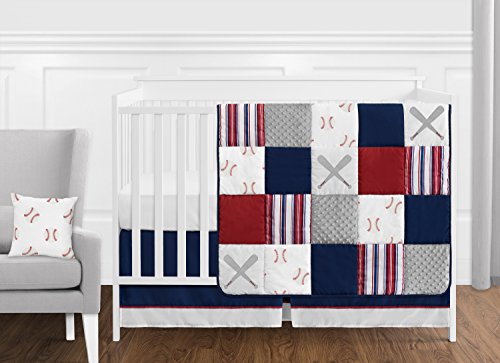 Sweet Jojo Designs Red, White and Blue Baseball Patch Sports Baby Boy Crib Bedding Set - 11 Pieces - Grey Patchwork Stripe