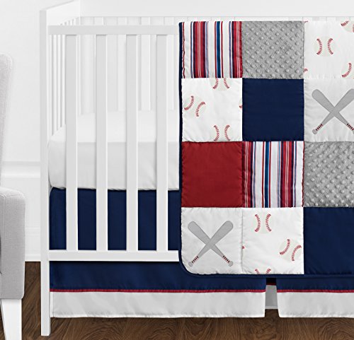 Sweet Jojo Designs Red, White and Blue Baseball Patch Sports Baby Boy Crib Bedding Set - 11 Pieces - Grey Patchwork Stripe