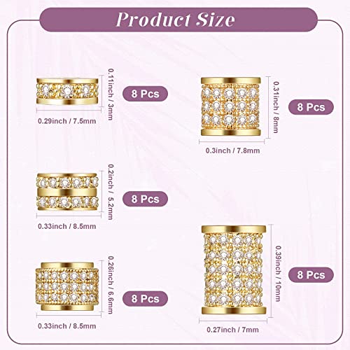 Yinkin 40 Pieces Zircon Rhinestone Beads Tube Column Pave Bead Charms Cubic Zirconia Beads Big Hole Spacer Beads Jewelry Bracelet Connector Crystal Beads for DIY (Gold)