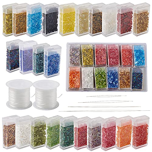 Craftdady 6400Pcs 24 Colors Glass Bugle Seed Beads 4.6-5mm Tube Spacer Loose Pony Beads with 4Pcs Big Eye Beading Needles, 2 Rolls Crystal Thread for Jewelry Making