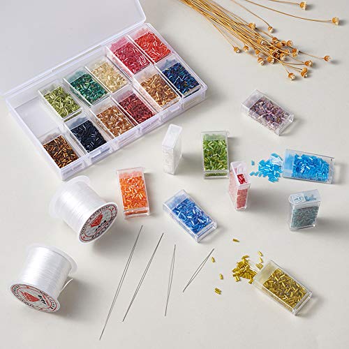 Craftdady 6400Pcs 24 Colors Glass Bugle Seed Beads 4.6-5mm Tube Spacer Loose Pony Beads with 4Pcs Big Eye Beading Needles, 2 Rolls Crystal Thread for Jewelry Making