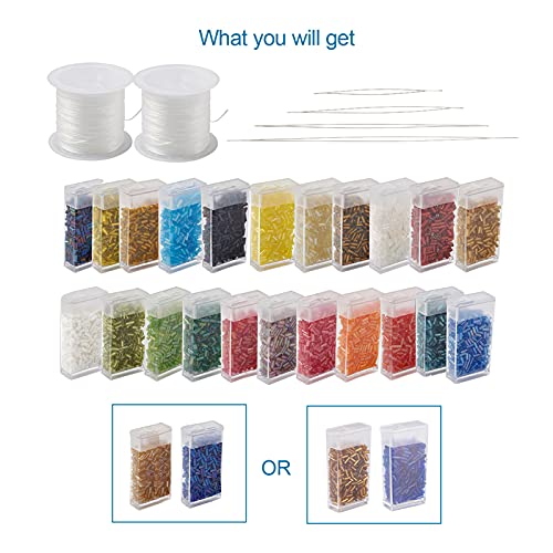 Craftdady 6400Pcs 24 Colors Glass Bugle Seed Beads 4.6-5mm Tube Spacer Loose Pony Beads with 4Pcs Big Eye Beading Needles, 2 Rolls Crystal Thread for Jewelry Making