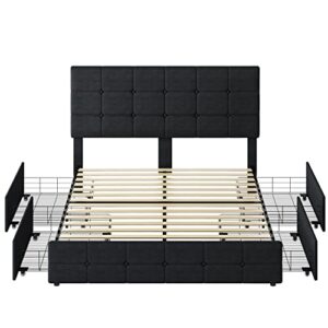 Modern Upholstered Bed Frame with 4 Drawers, Platform Bed with Button Tufted Headboard, Solid Wooden Slat Support, Easy Assembly, Queen Size, Black