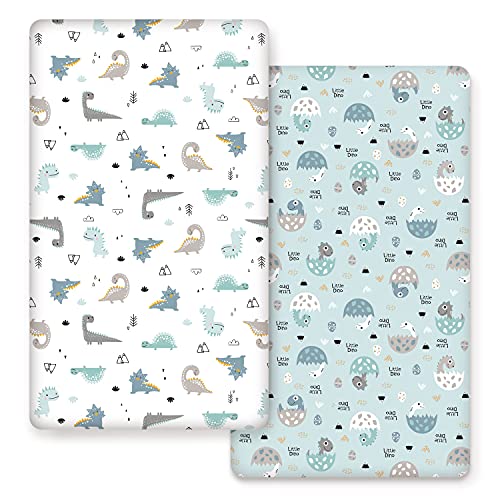 GRSSDER Stretchy Ultra Soft Jersey Knit Fitted Crib Sheets Set 2 Pack, Cozy Crib Sheet Fits All Standard Crib Mattress Pads, Happy Dinosaurs Print Crib Sheets for Boys and Girls