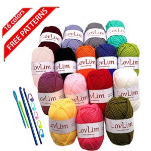 LovLim Crochet Yarn kit, 16 Soft Cotton Yarn Skeins,1000+ Yards, for Crochet and Knitting, Free Crochet/Amigurumi Patterns, Craft DK Yarn Perfect Starter Kit