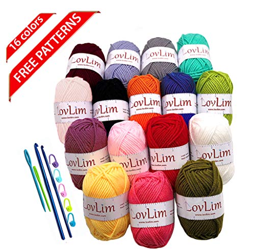 LovLim Crochet Yarn kit, 16 Soft Cotton Yarn Skeins,1000+ Yards, for Crochet and Knitting, Free Crochet/Amigurumi Patterns, Craft DK Yarn Perfect Starter Kit